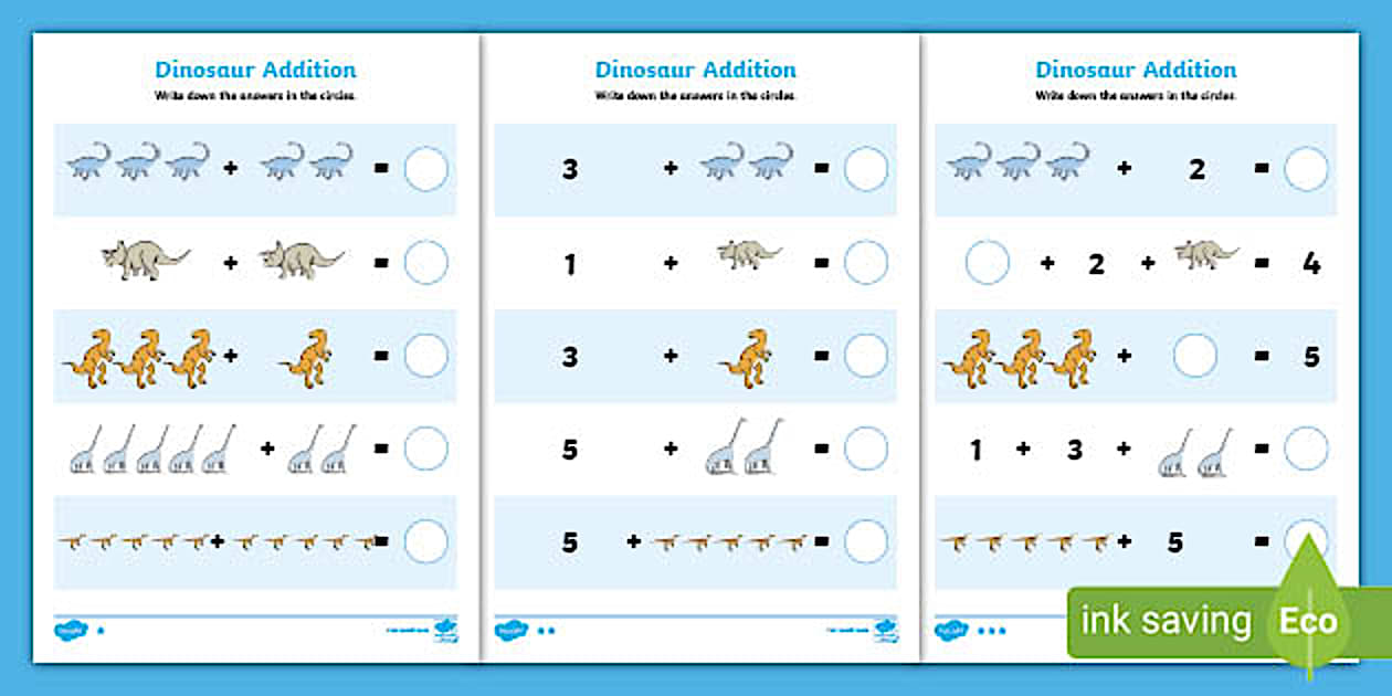Dinosaur Addition within 10 Worksheet (Teacher-Made)