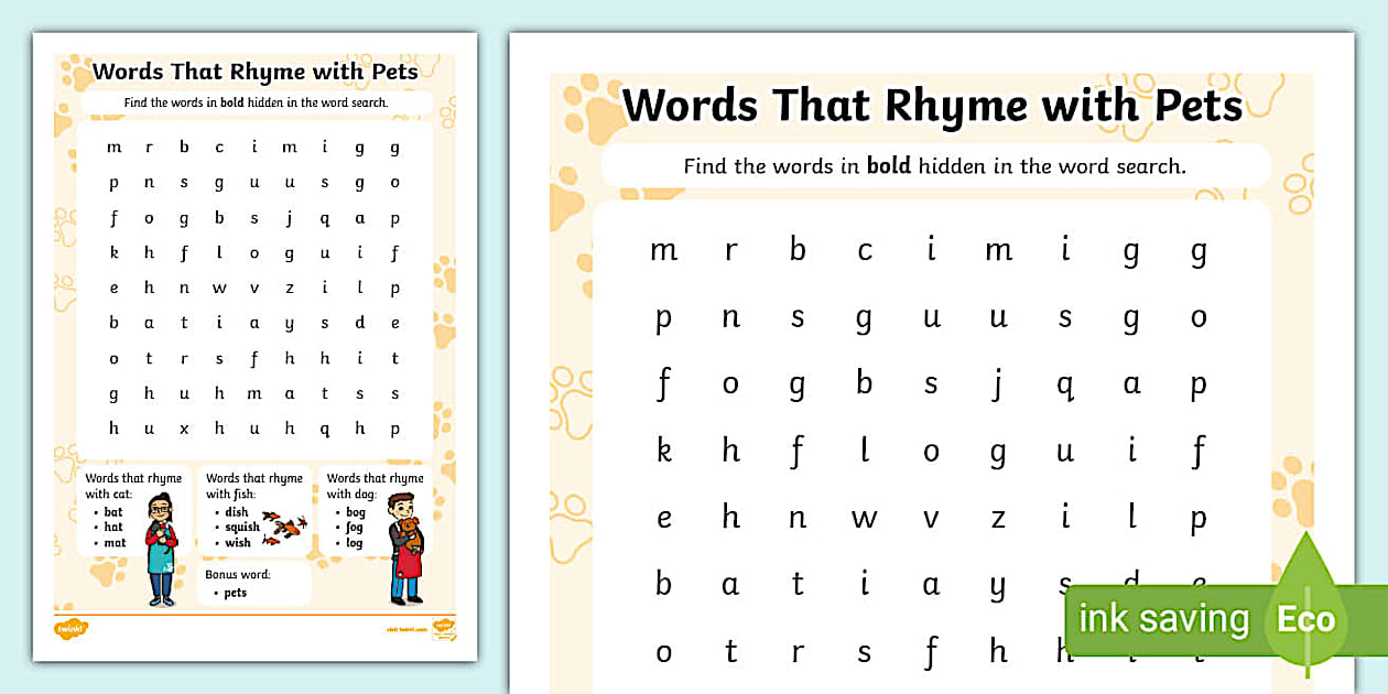 Words That Rhyme with Pets Word Search (teacher made)