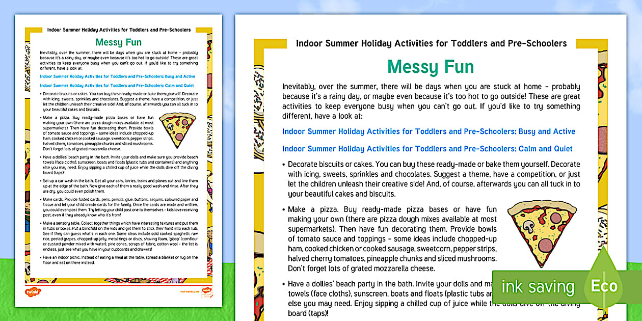 Indoor Preschool Summer Activity Calendar Activities | EYFS