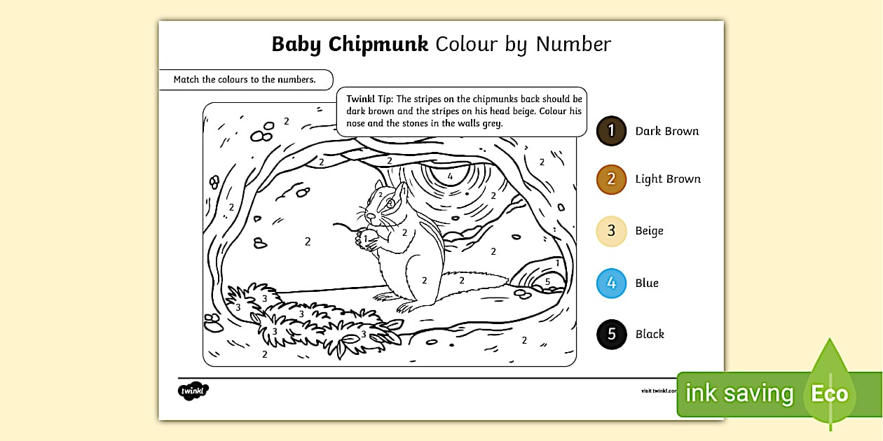 Baby Chipmunk Colour-by-Number Worksheet | Twinkl | KS1