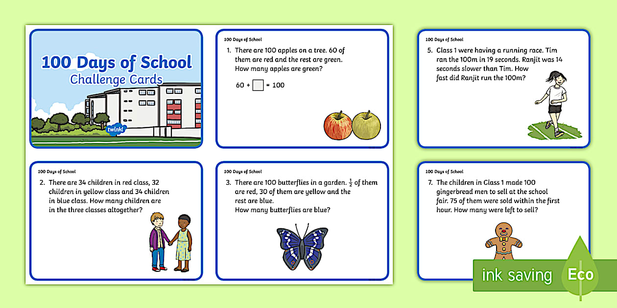 KS1 100 Days of School Addition and Subtraction Maths Challenge Cards