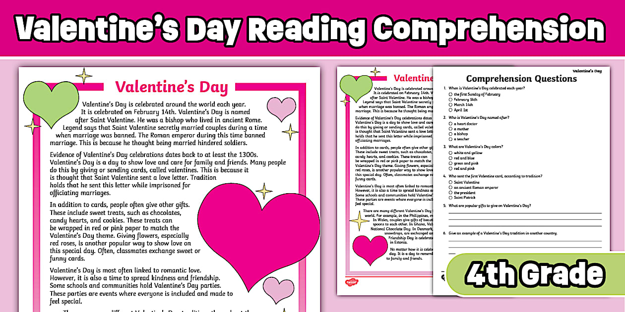 Fourth Grade Valentine's Day Reading Comprehension Worksheet