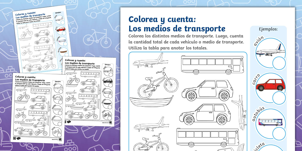 Hoja de actividad: Colorea y cuenta - Los medios de transporte