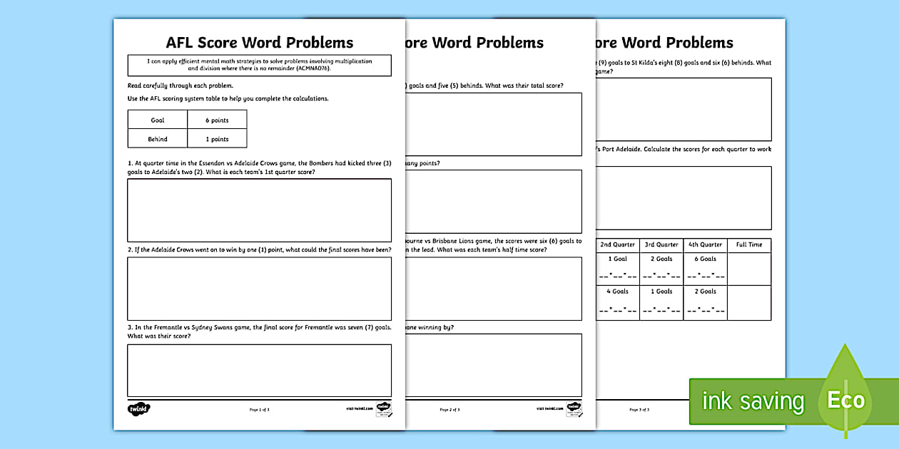 AFL Score Word Problems Worksheet / Worksheet - Twinkl