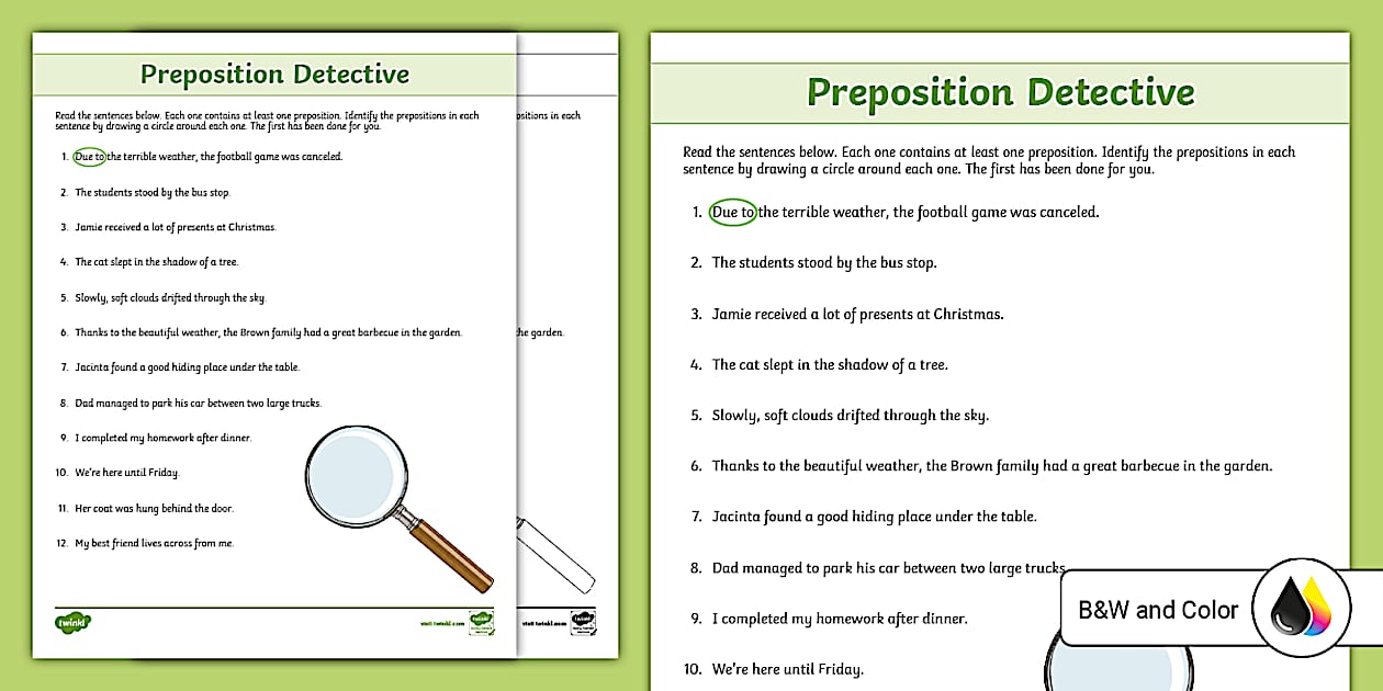 Preposition Detective Worksheet for 3rd-5th Grade - Twinkl