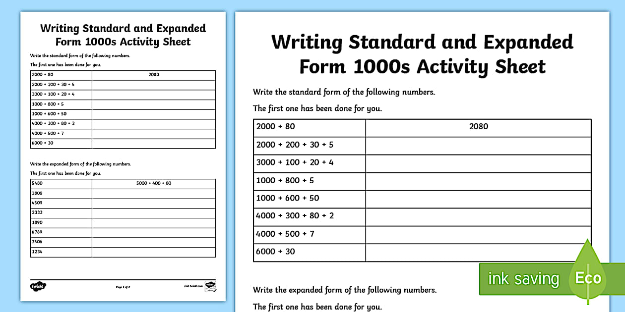 Writing Standard and Expanded Form 1000s Worksheet / Worksheet-Australia