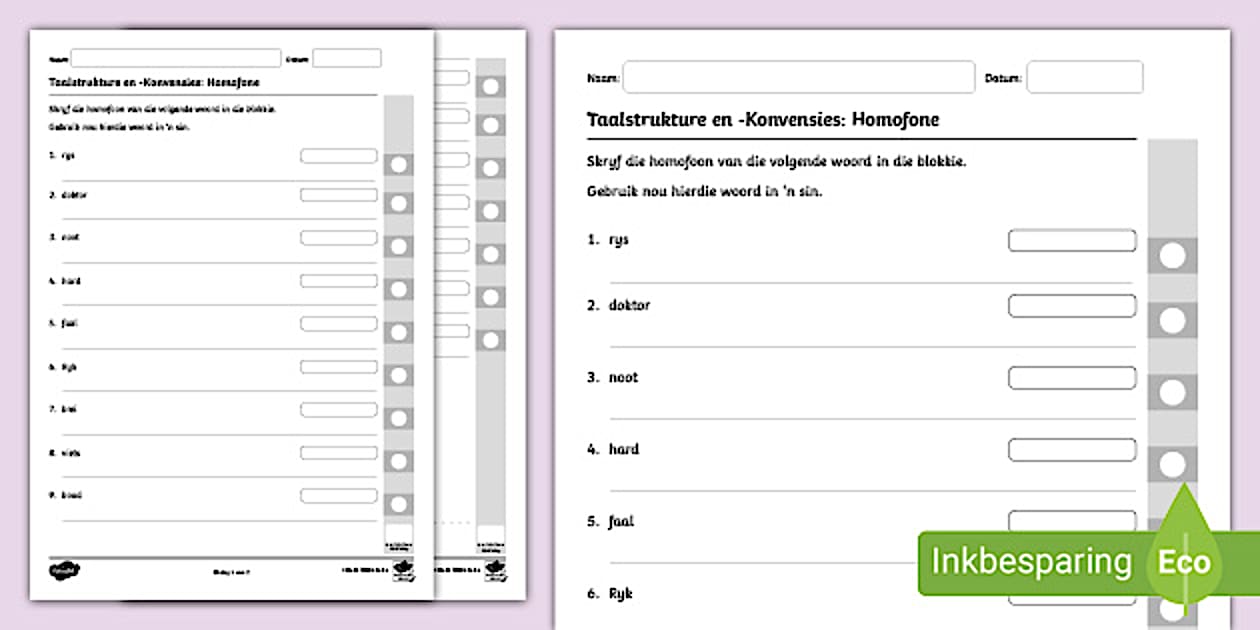 Taalstrukture en -Konvensies: Homofone Toets - Twinkl