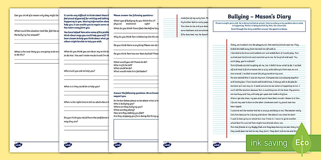 Bullying - Mason's Diary Worksheet - Twinkl