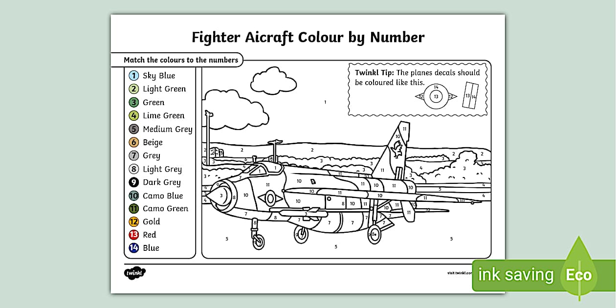 Fighter Aircraft Colour by Number (teacher made) - Twinkl