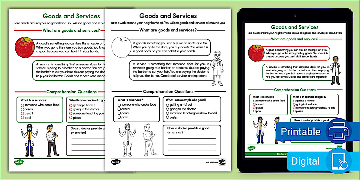 First Grade Goods and Services Reading Comprehension Worksheet