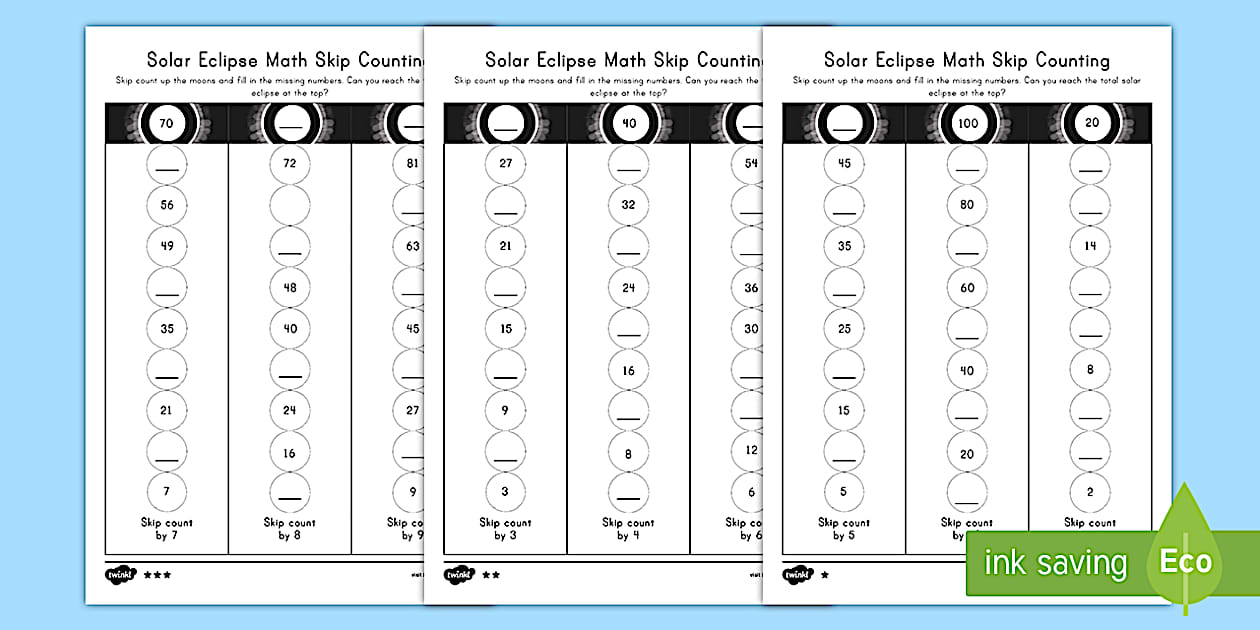Solar Eclipse Math Skip Counting Worksheet for K-2nd Grade