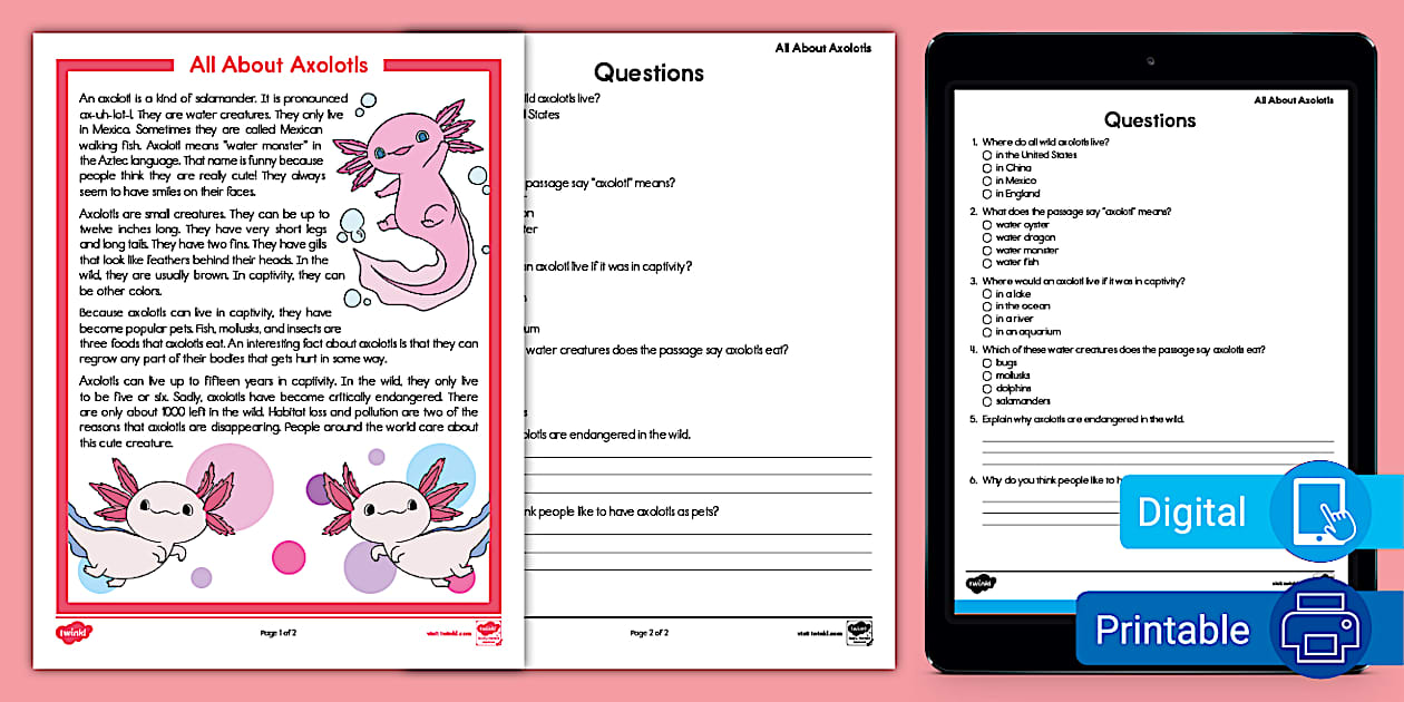 2nd Grade All About Axolotls Reading Comprehension Worksheet