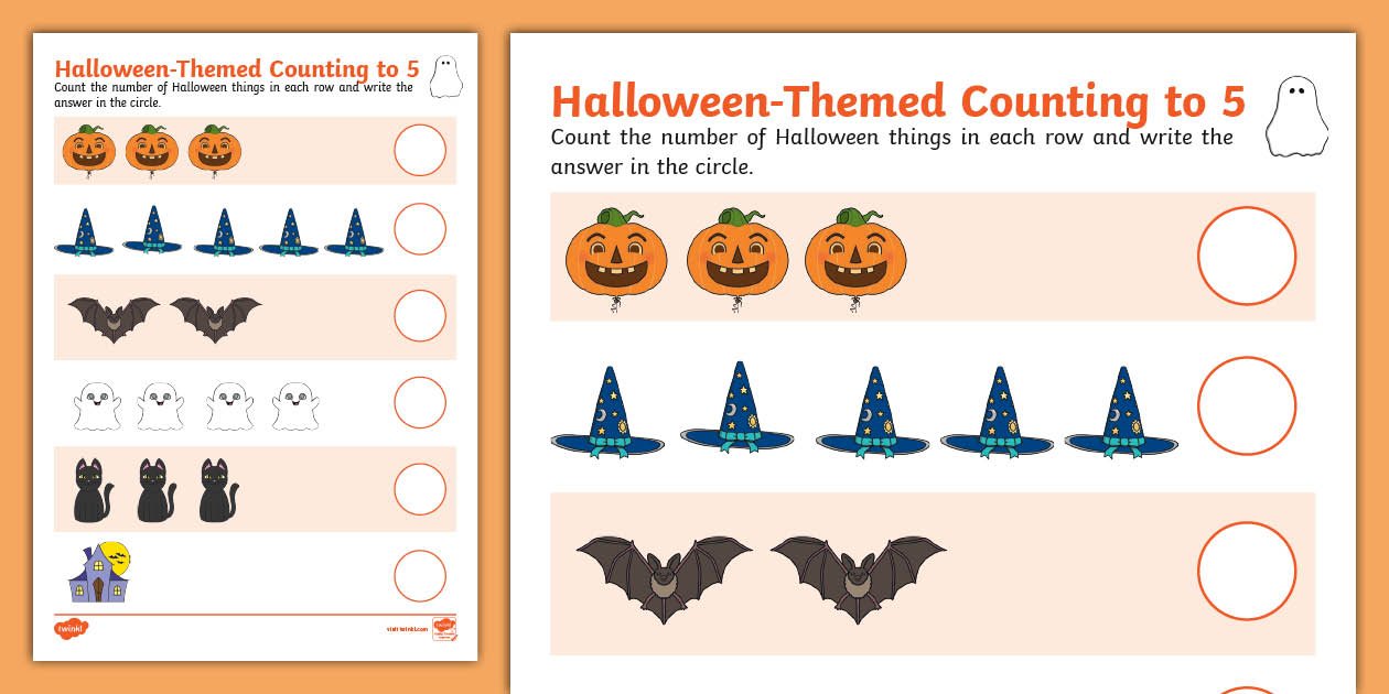 👉 Halloween-Themed Counting to 5 Worksheet (Teacher-Made)