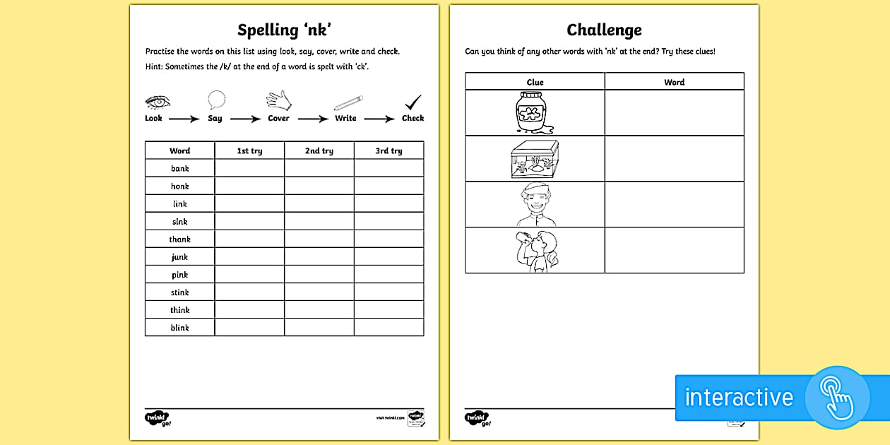 Year 1 Spelling Practice Sheet 'nk' Word Endings Worksheet