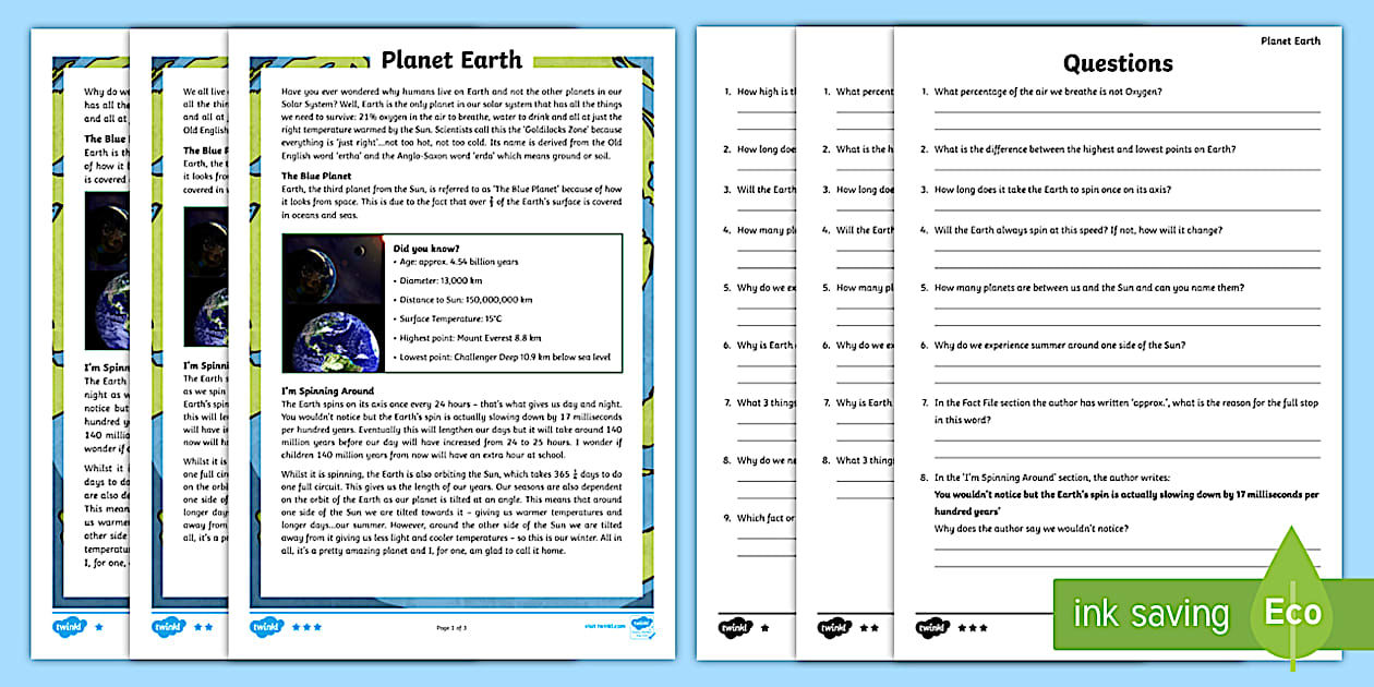 Ages 9-10 Planet Earth Differentiated Reading Comprehension Activity