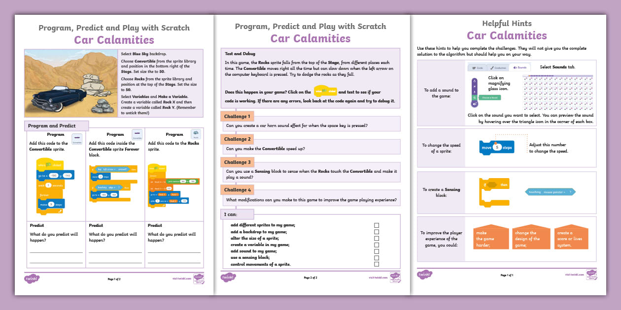 Program, Predict and Play with Scratch: Car Calamities