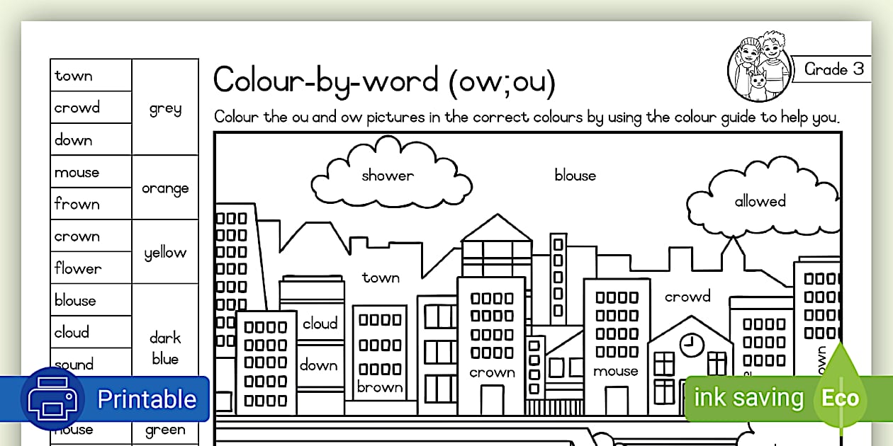 Grade 3 Phonics Colouring Page ou and ow