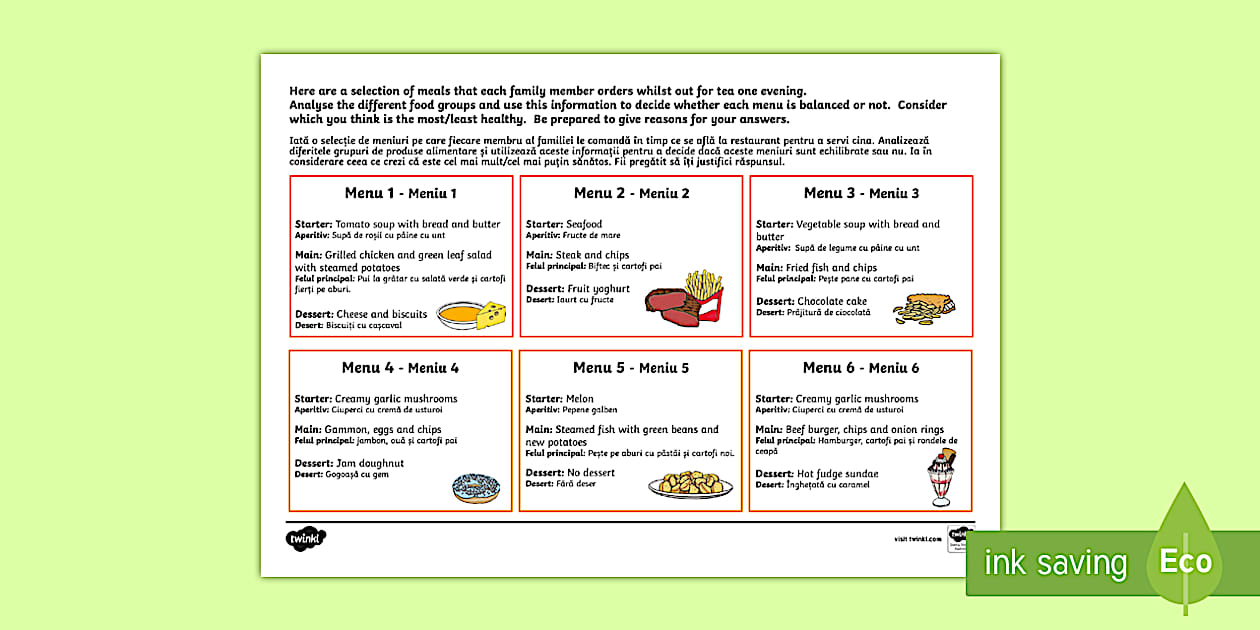 Healthy Eating Analysing Menu Choices Activity English/Romanian - Healthy