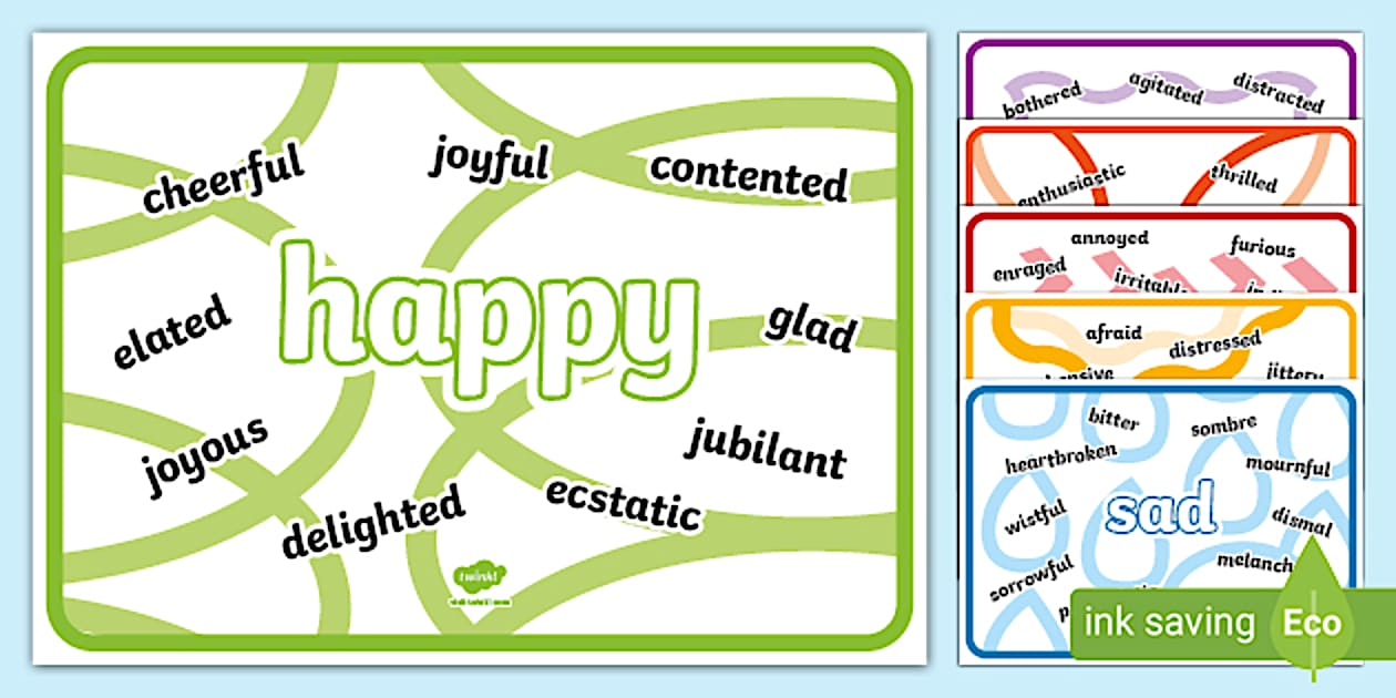 Black and White Different Words for Feelings Adjectives Display Posters