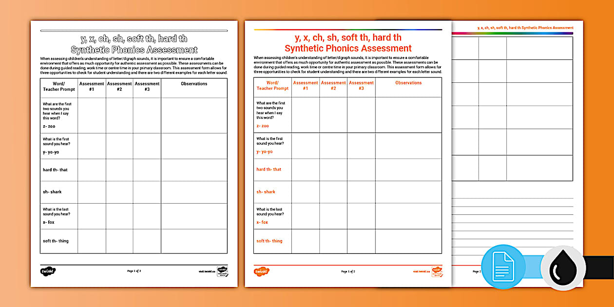 Phonics Canada Group 6 y,x,ch,sh,softhard th Assessment Form
