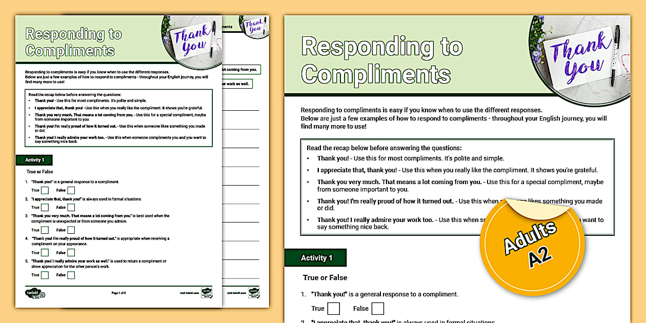 ESL Responding to Compliments Activity Sheet [Adults, A2]