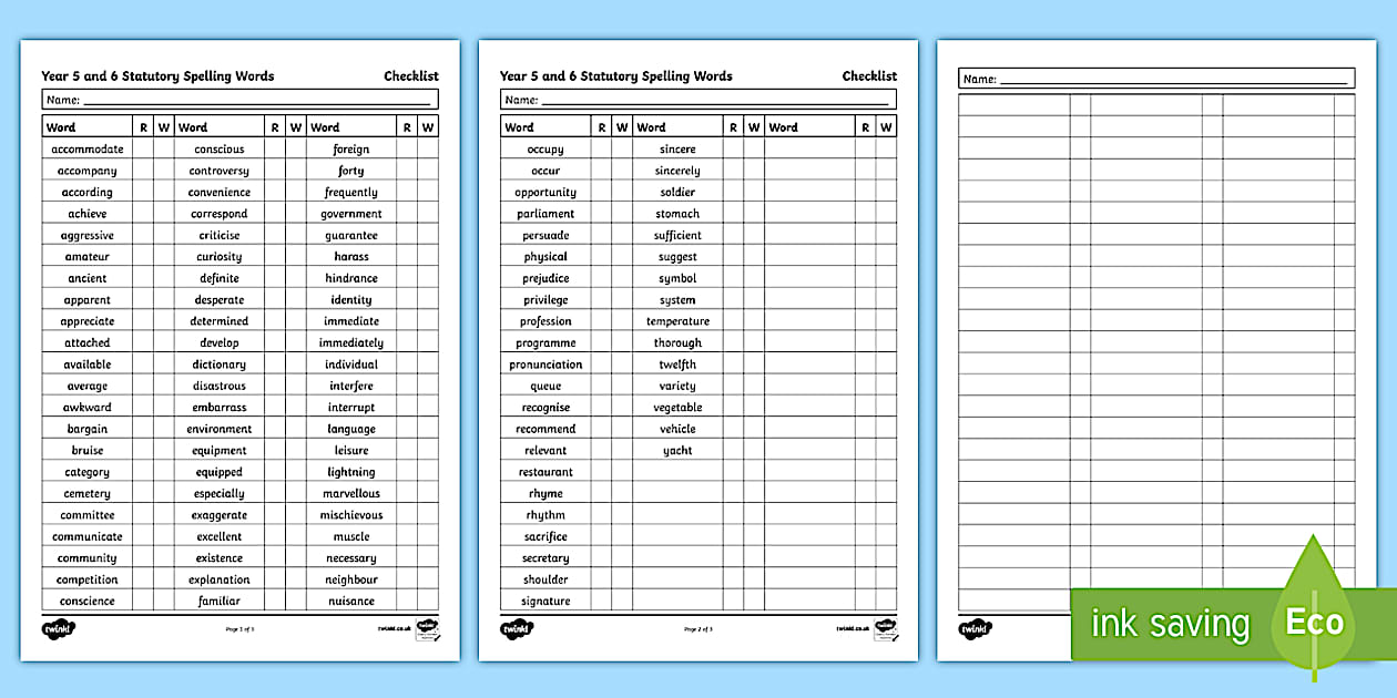 Editable Statutory Spelling Words Year 5 and Year 6 Checklist