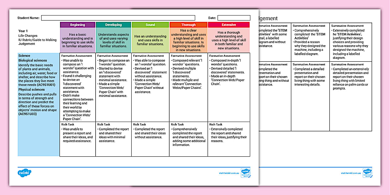 Life Changes Yr 1 IU Assessment Rubric (teacher made)