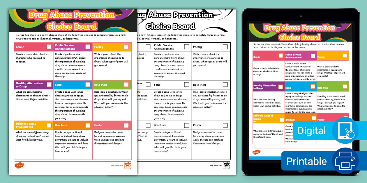 Drug Abuse Prevention Choice Board (teacher made) - Twinkl