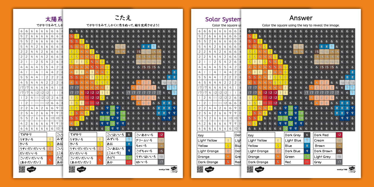 宇宙「太陽系」ピクセルアート 日本語と英語 Solar System Pixel Art Template Japanese and English