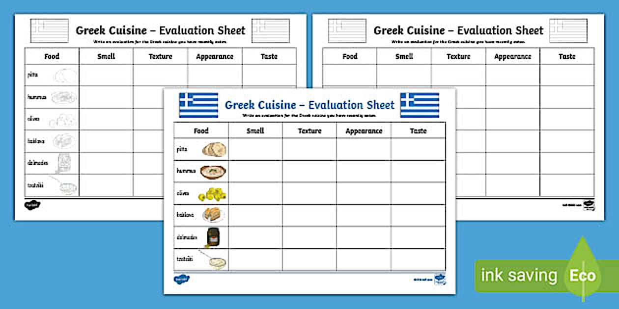 Greek Cuisine Evaluation Sheet (Teacher-Made) - Twinkl