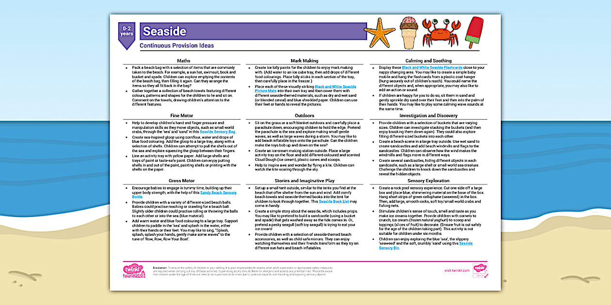 EYFS Seaside Continuous Provision Planning Ideas (Ages 0-2)