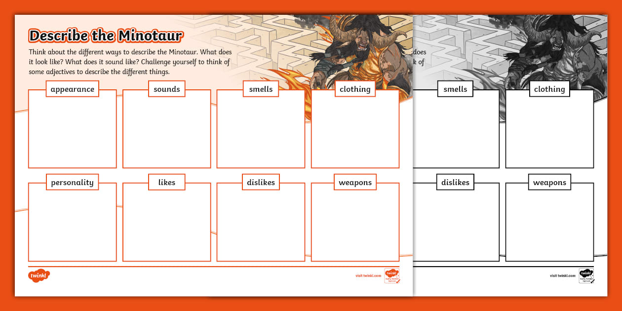Minotaur Adjectives Worksheet - Twinkl English - Twinkl
