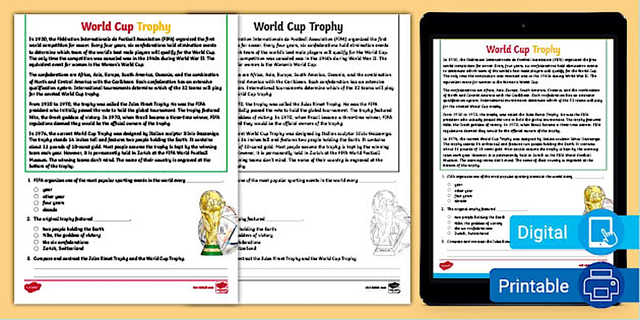 Sixth Grade World Cup Trophy Reading Passage Comprehension Worksheet