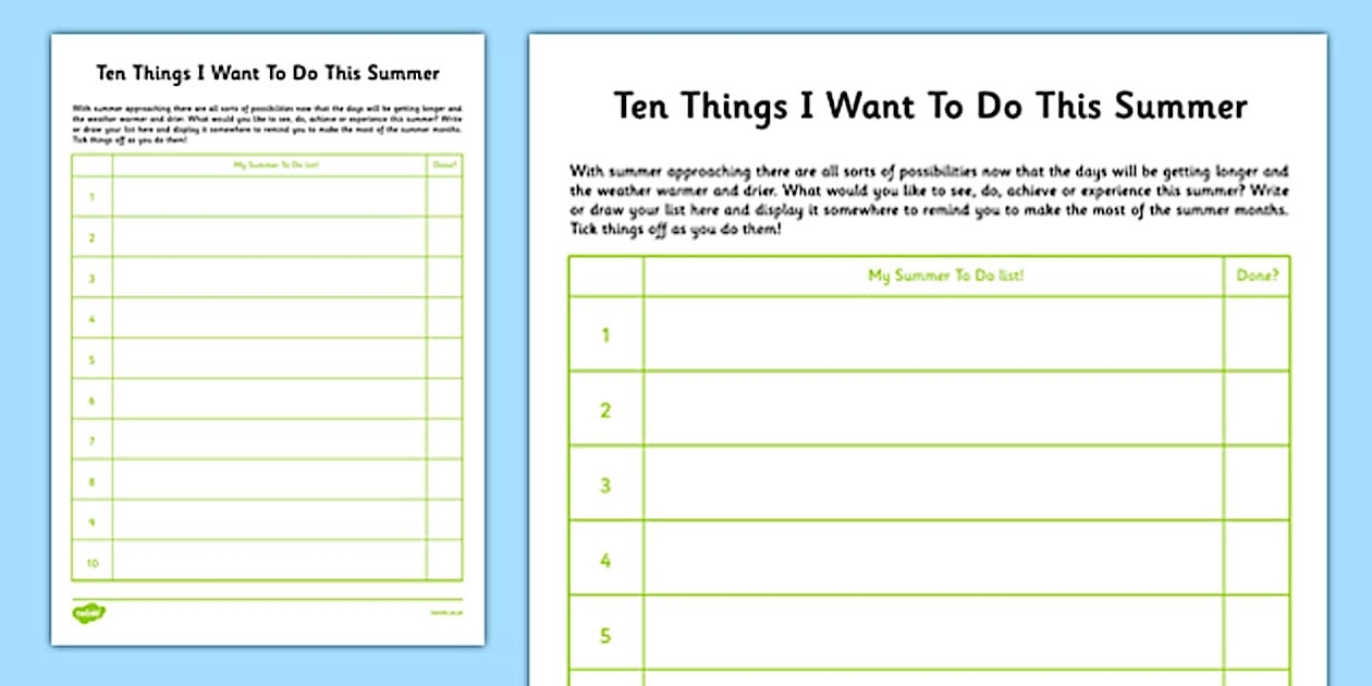 Ten Things I Want to Do This Summer (Teacher-Made) - Twinkl