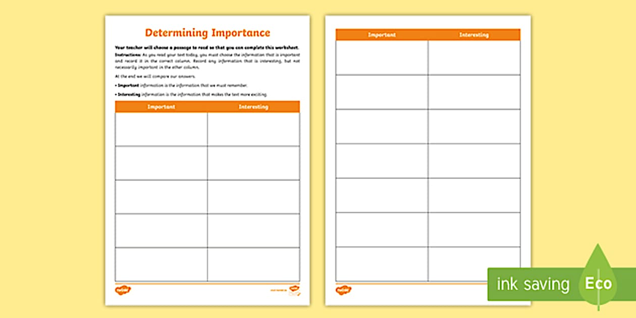 Determining Importance Worksheet (teacher made) - Twinkl