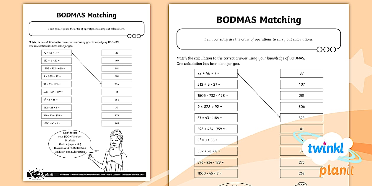 Bodmas Matching Worksheet - Twinkl
