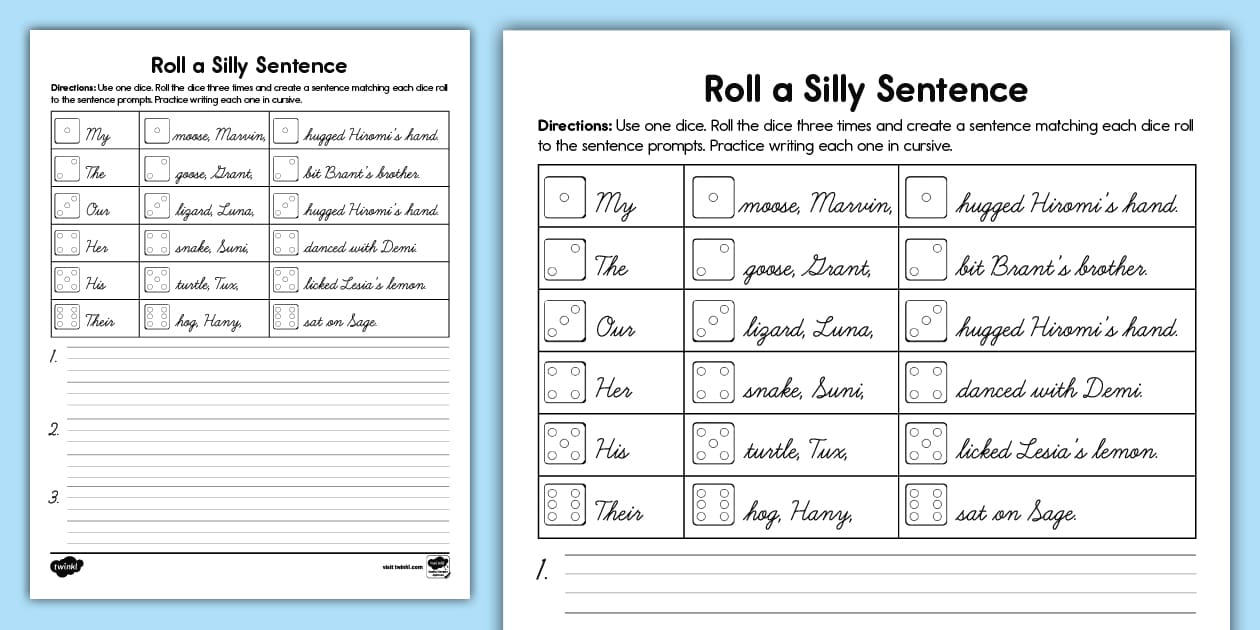 Second Grade Roll a Silly Sentence Cursive Practice Worksheet