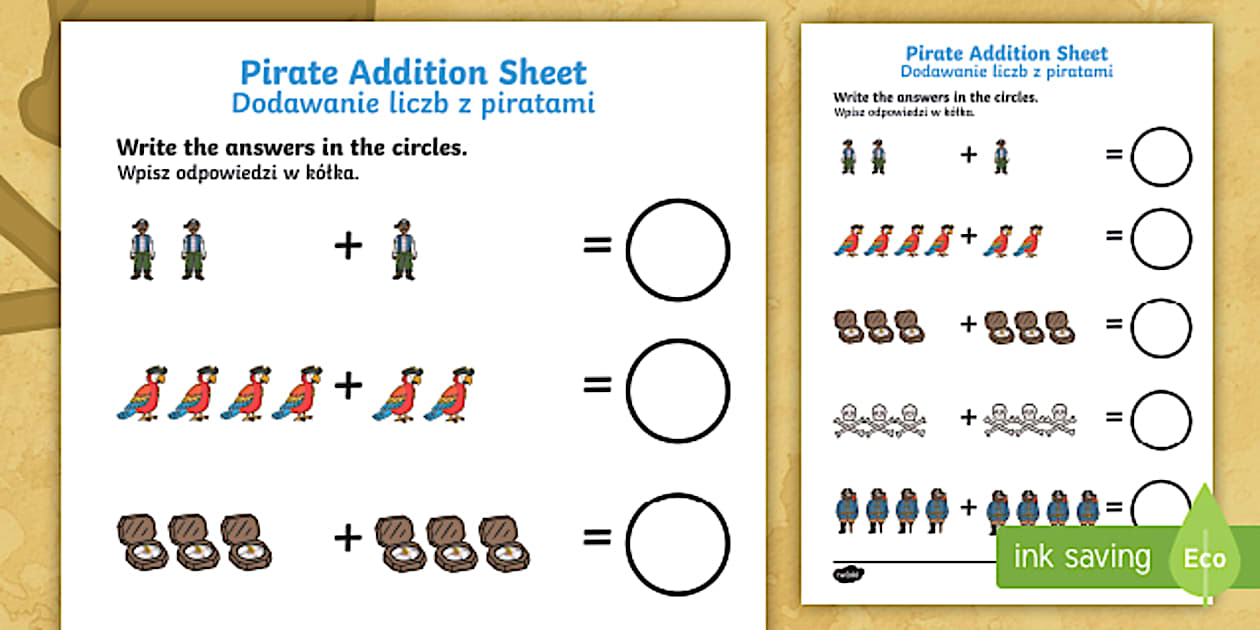 Pirate Addition Sheet English/Polish - Pirate Addition Sheet