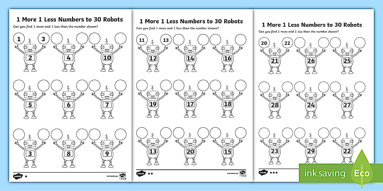 1 More 1 Less Numbers to 30 Robots Activity Sheet - Twinkl