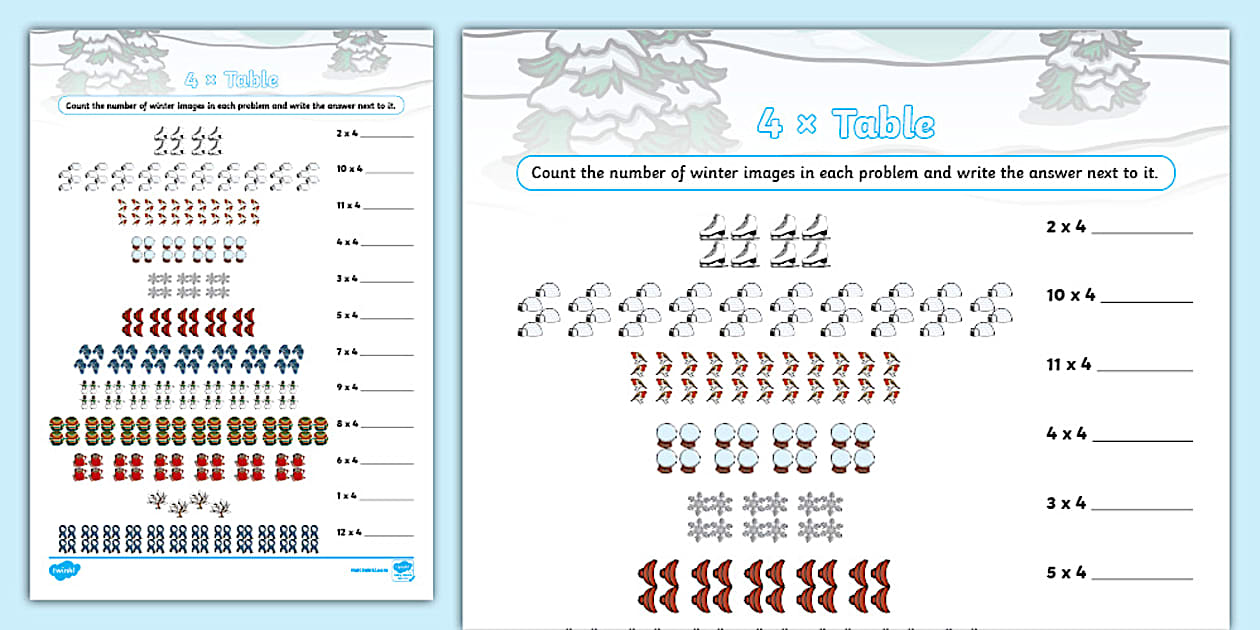 👉 Winter Themed 4× Table Worksheet - Twinkl