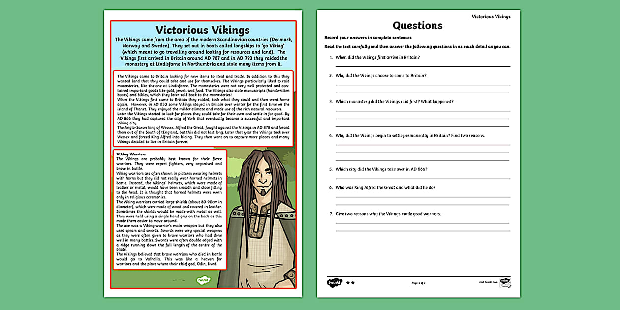 Editable Victorious Vikings Comprehension Activity - Twinkl