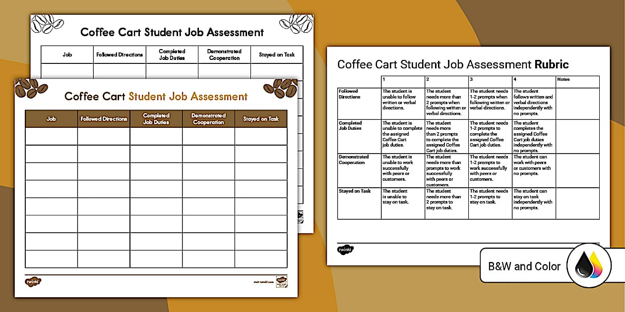 Coffee Cart Student Job Assessment with Rubric - Twinkl