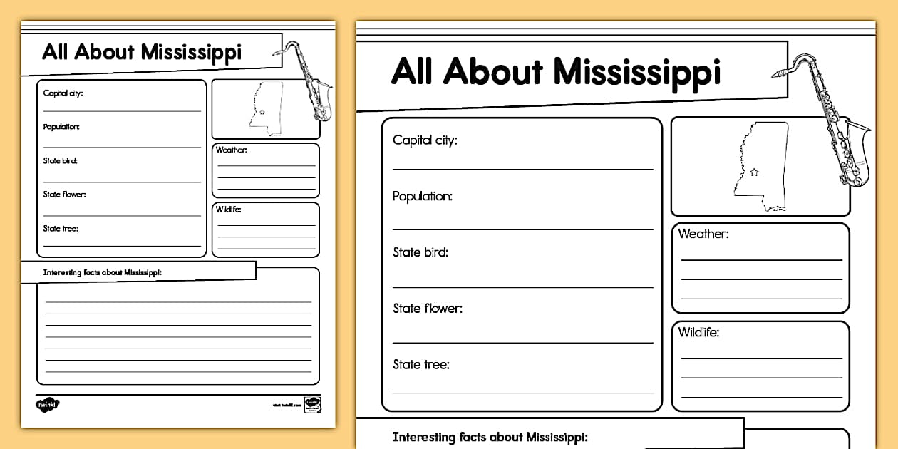 All About Mississippi Research Worksheet for K-2nd Grade