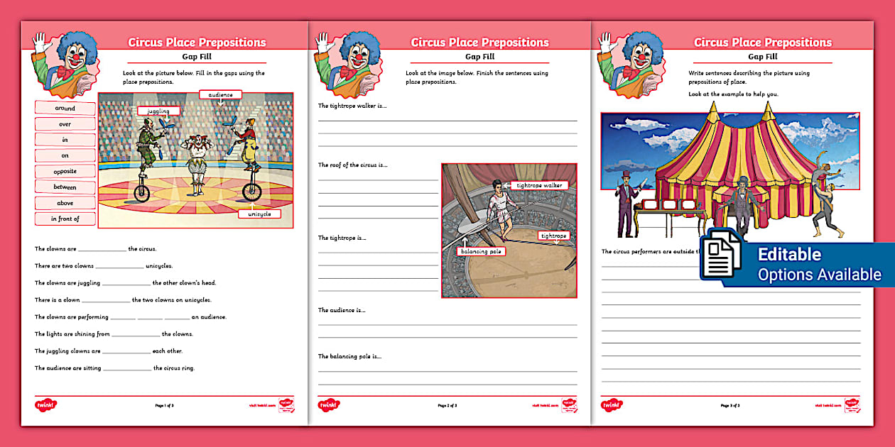 Circus Place Prepositions Fill The Gap Activities for EAL Learners