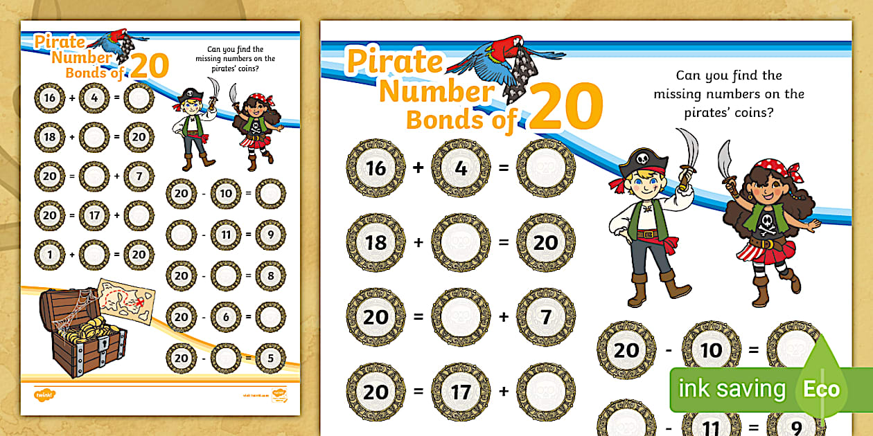 Pirate-Themed Number Bonds to 20 Worksheet - Twinkl