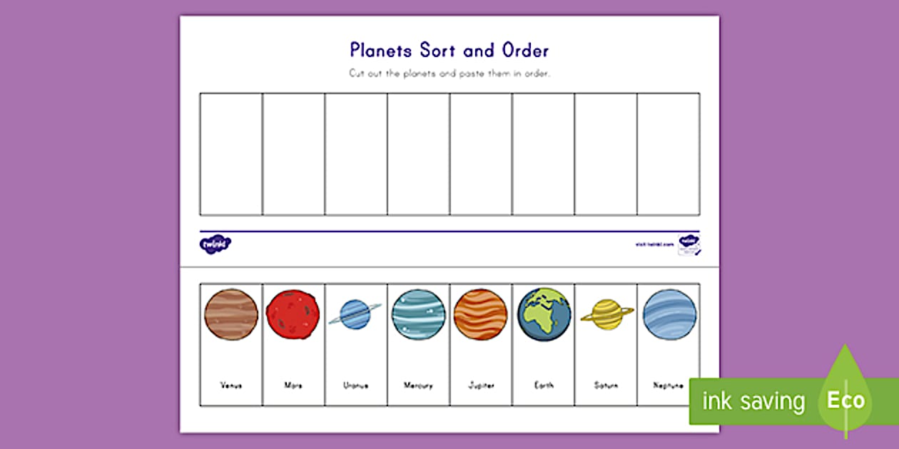 Editable Planets Sort and Order Worksheet for K-2nd Grade