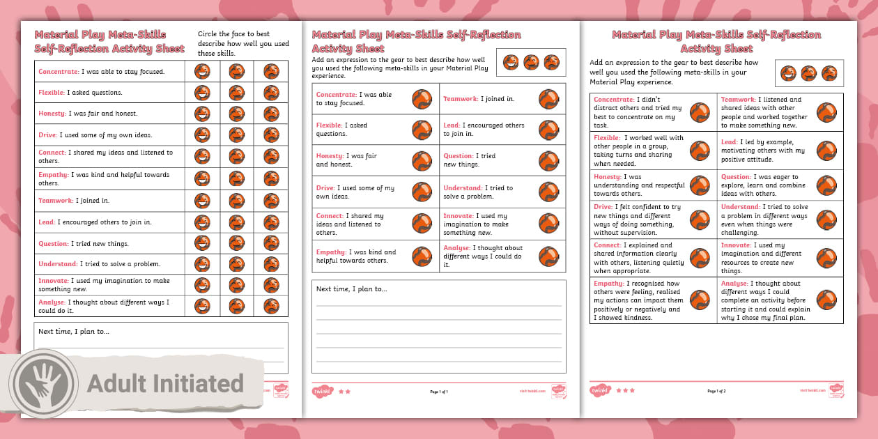Material Play Meta-Skills Self-Reflection Activity Sheets