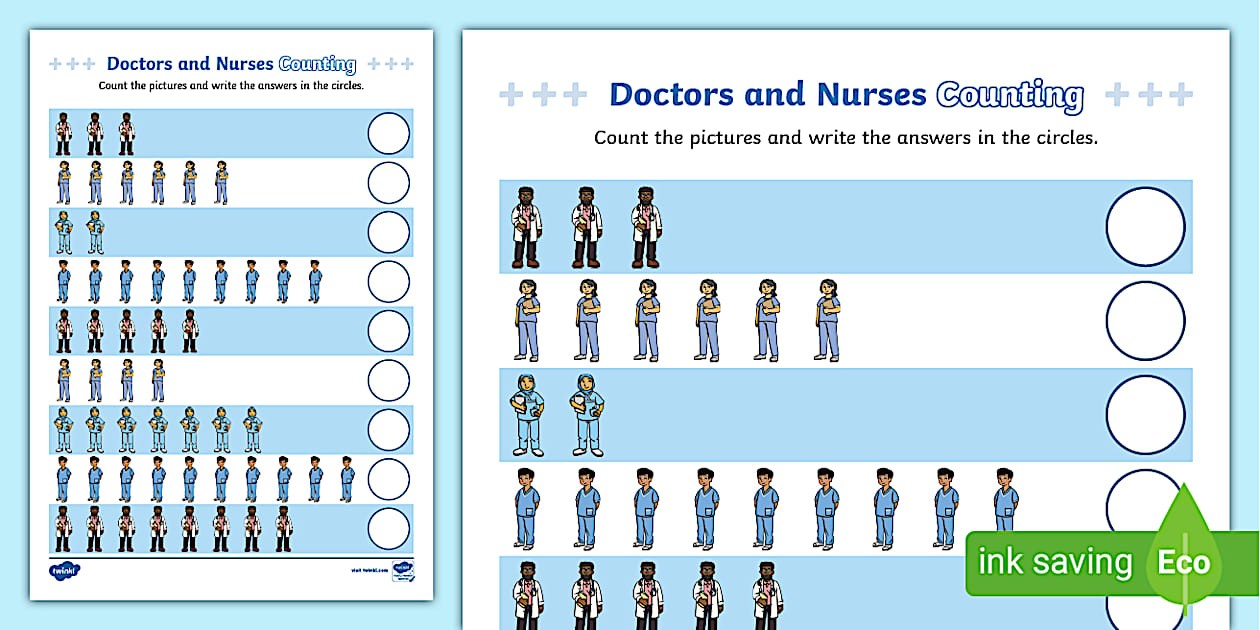 👉 Doctors and Nurses Counting Worksheet (teacher made)