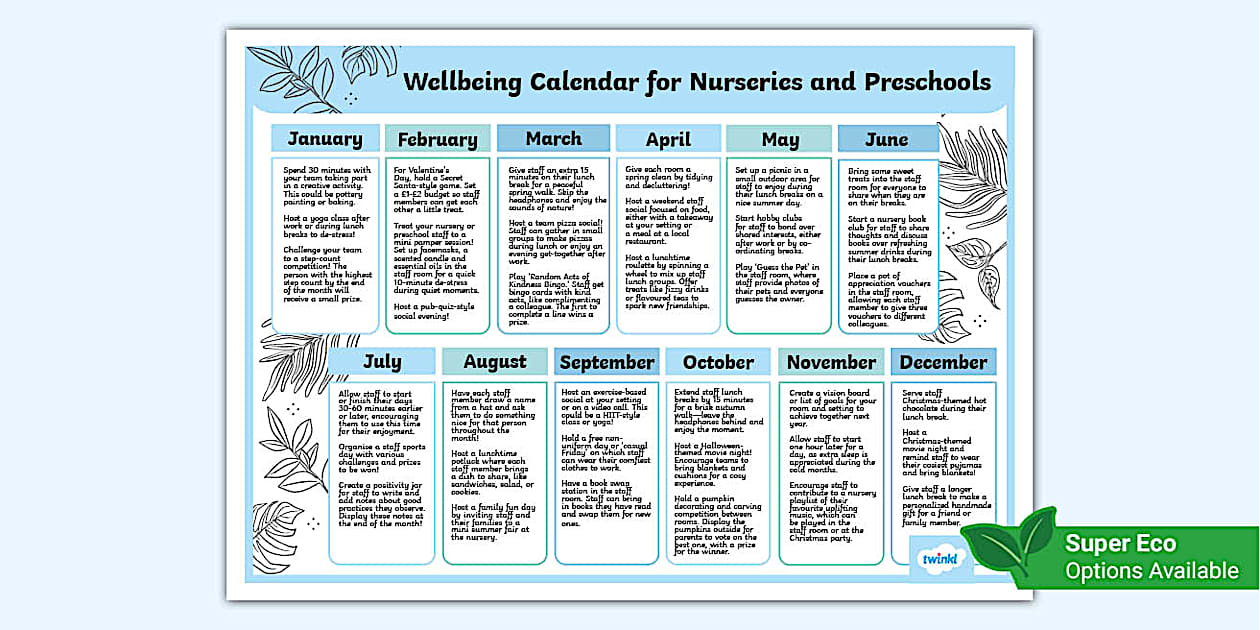 Wellbeing Calendar for Nurseries and Preschools - Twinkl