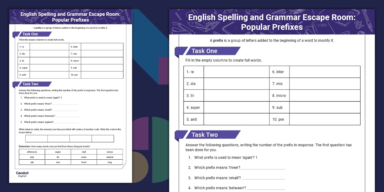 English Spelling and Grammar Escape Room: Popular Prefixes